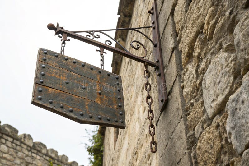 Medieval Old Sign with Chain on Stone Wall Stock Illustration ...