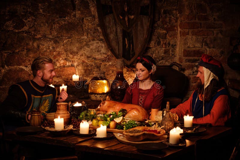 Medieval People Eat and Drink in Ancient Castle Kitchen Interior Stock ...