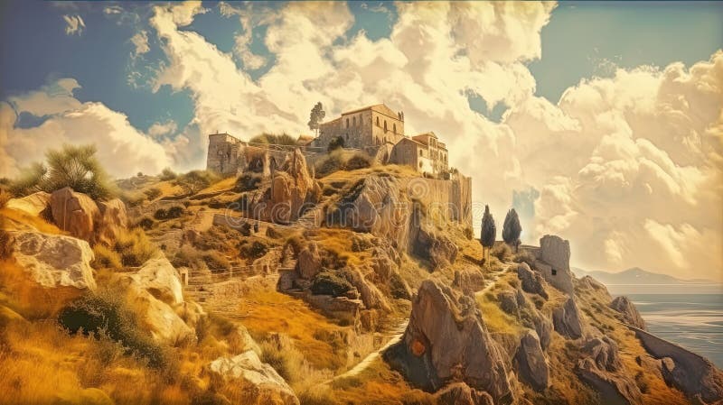 Medieval Period Panorama in Greece Stock Illustration - Illustration of ...