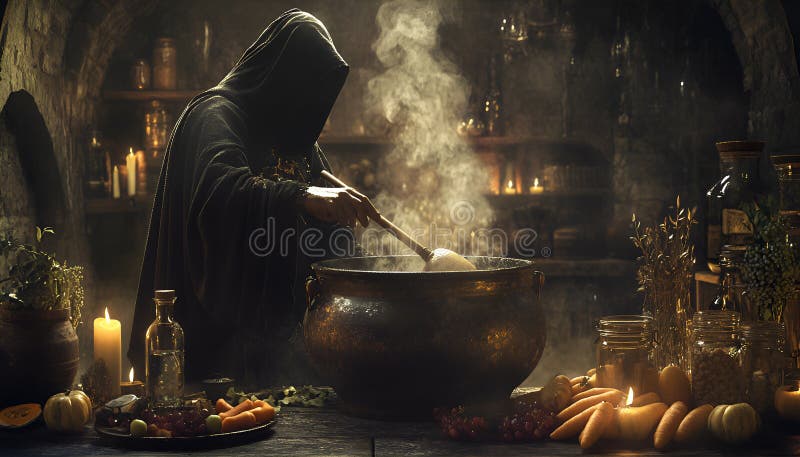 Medieval Potion-making Scene with a Witch Grinding Herbs and Steam ...