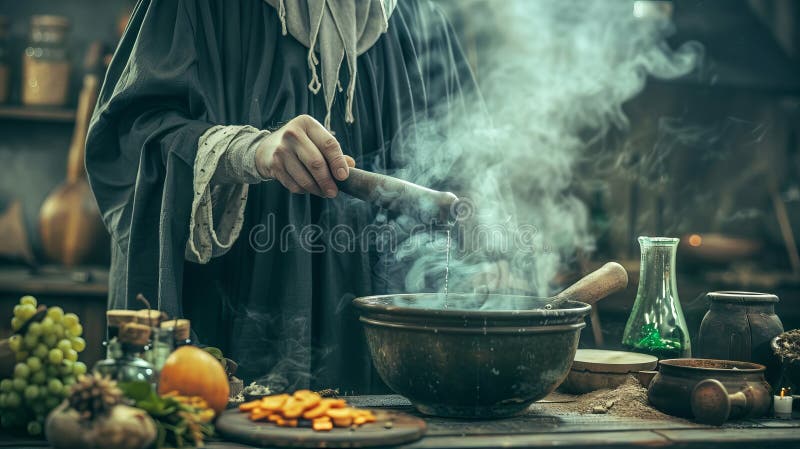 Medieval Potion-making Scene with a Witch Grinding Herbs and Steam ...