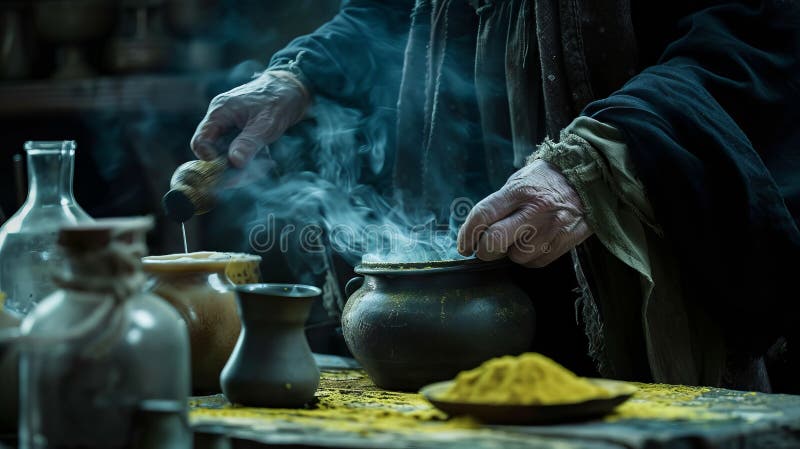 Medieval Potion-making Scene with a Witch Grinding Herbs and Steam ...