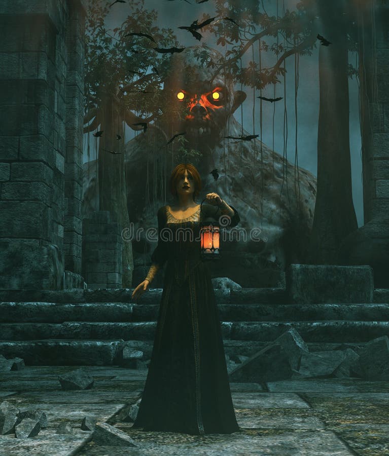 Medieval Princess with Lantern at Night Haunted by the Undead Stock ...