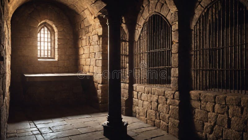 Medieval Prison Cells, Creepy Dungeon, Dim Lights. Stock Illustration ...