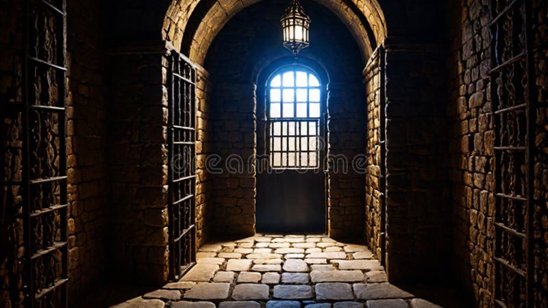 Medieval Prison Cells, Creepy Dungeon, Dim Lights. Stock Illustration ...