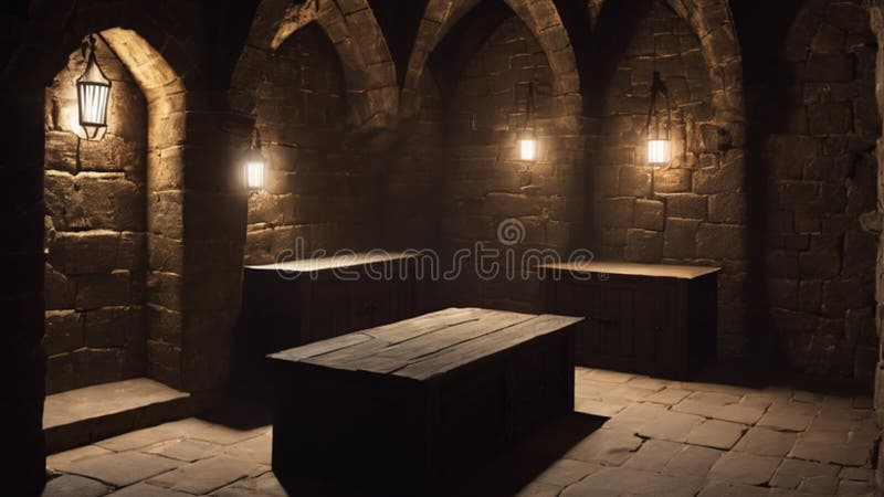 Medieval Prison Cells, Creepy Dungeon, Dim Lights. Stock Illustration ...