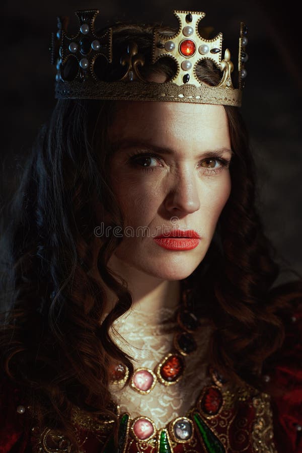 Medieval Queen in Red Dress with Green Apple and Crown Stock Image ...