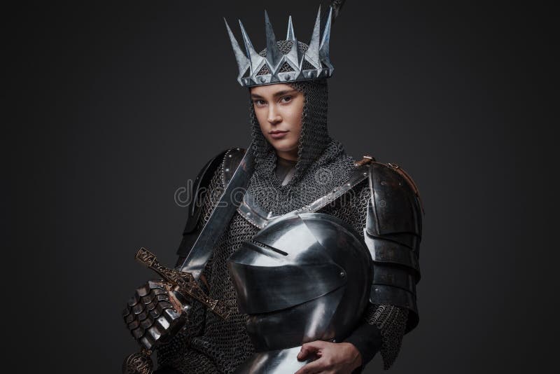 Medieval Queen with Sword and Chainmail Staring at Camera Stock Image ...