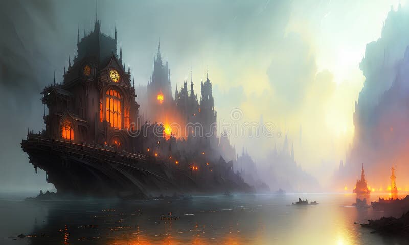 Medieval River Harbor at Sunset, Sci-fi Fantasy Landscape Illustration ...