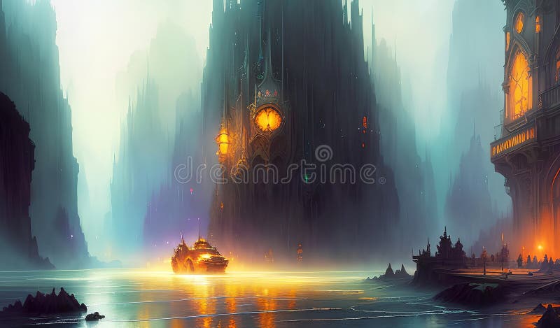 Medieval River Harbor at Sunset, Sci-fi Fantasy Landscape Illustration ...