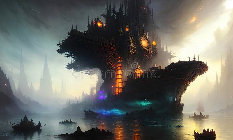 Medieval River Harbor at Sunset, Sci-fi Fantasy Landscape Illustration ...