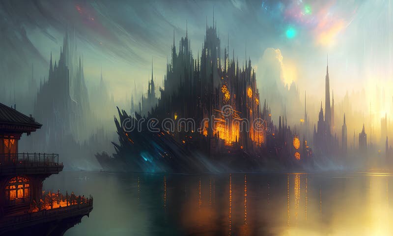 Medieval River Harbor at Sunset, Sci-fi Fantasy Landscape Illustration ...