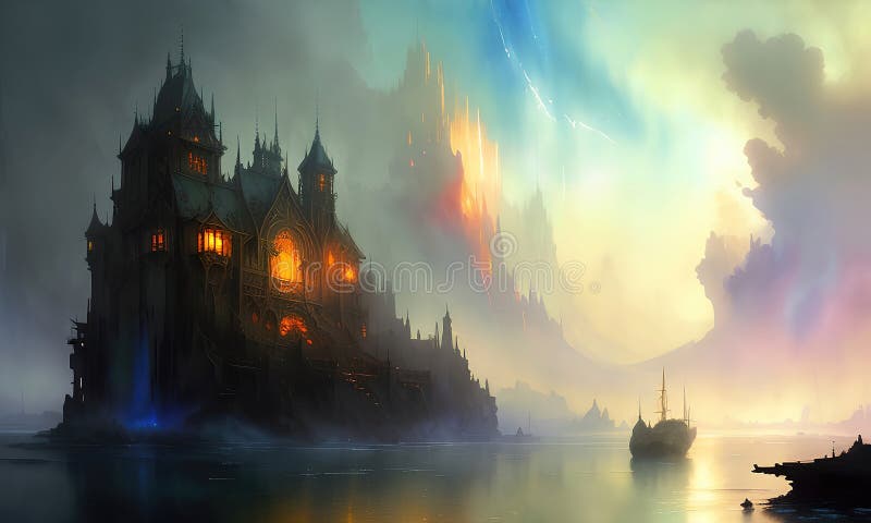 Medieval River Harbor at Sunset, Sci-fi Fantasy Landscape Illustration ...