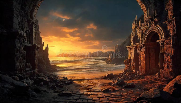 A Medieval Ruin by the Ocean at Sunset with Distant Mountains. Stock ...