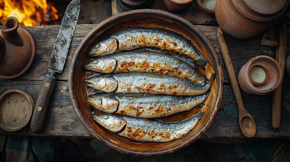 Medieval Rustic Kitchen with Grilled Fish Over Open Fire Stock ...