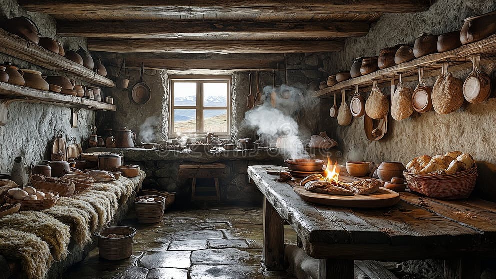 Medieval Rustic Kitchen with Traditional Elements Stock Illustration ...