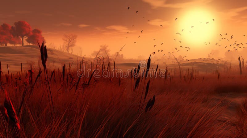 Medieval Samurai Feeling Inspired Sunset Scenery at a Big Grass Field ...