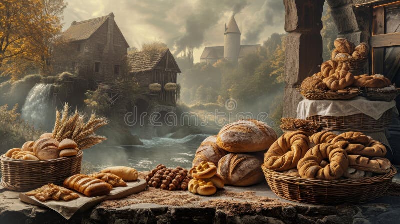 Medieval Scene with Bread and Rustic Landscape Stock Image - Image of ...