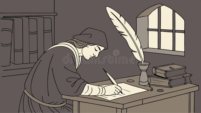 Medieval Scholar Writing at Desk, Historical Scene, and Classic Study ...