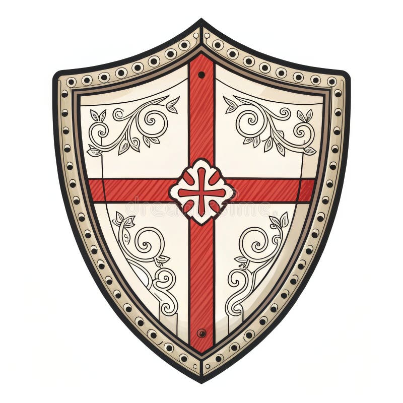 Medieval Shield Design Red Cross, Floral Pattern, Vector Illustration ...