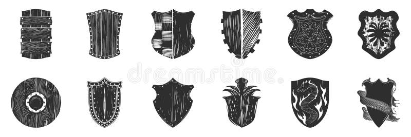 Medieval Shield Designs Silhouette Set. Historical Armor and Heraldry ...