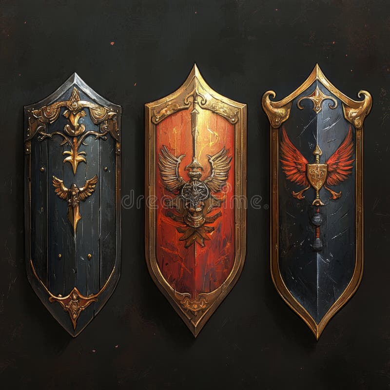 Medieval Shields with Heraldic Elements on Black Background. Vector ...