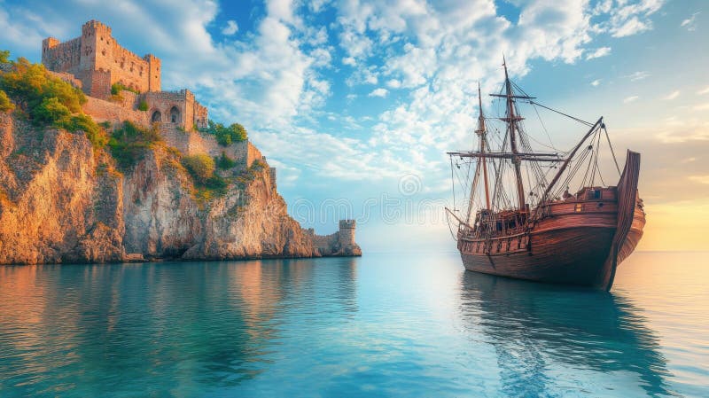 Medieval Ship Anchored in a Calm Harbor with a Castle in the Background ...