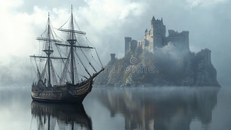 Medieval Ship Anchored in a Calm Harbor with a Castle in the Background ...