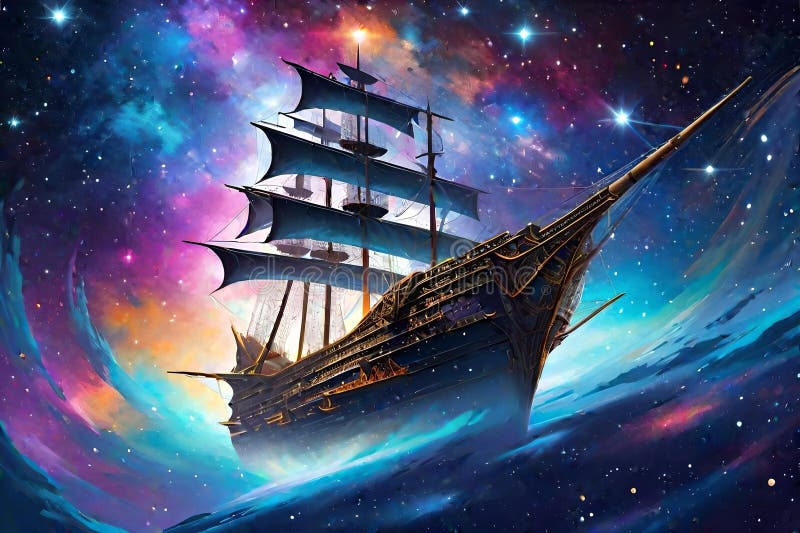 A Medieval Ship Sails through a Celestial Sea of Stardust Stock ...