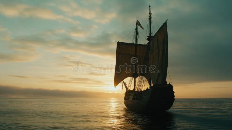 Medieval Ship with Sails Unfurled Sailing into a Distant Horizon Stock ...