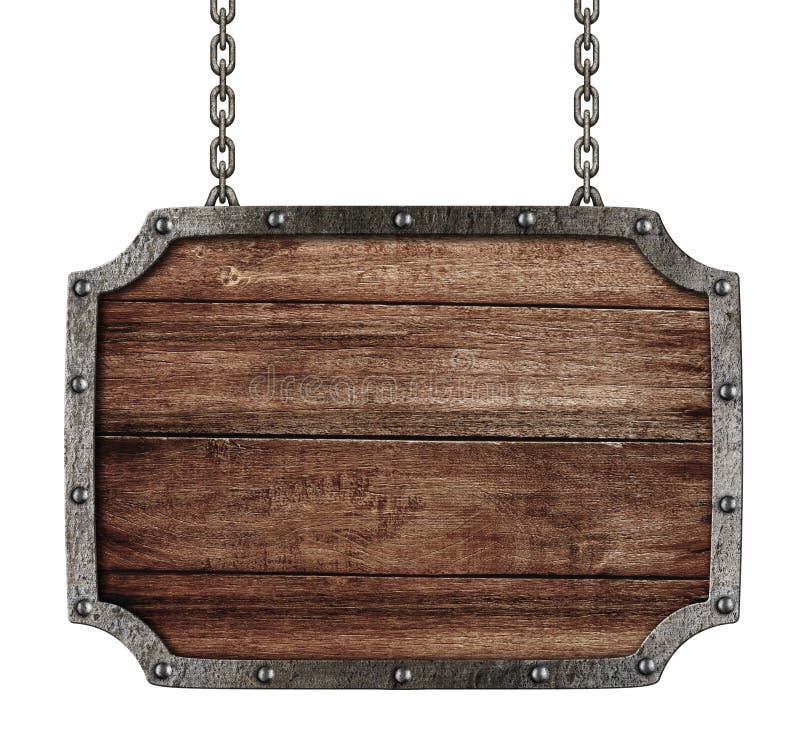Medieval Wood Sign or Shield Hanging on Chains Isolated Stock Photo ...