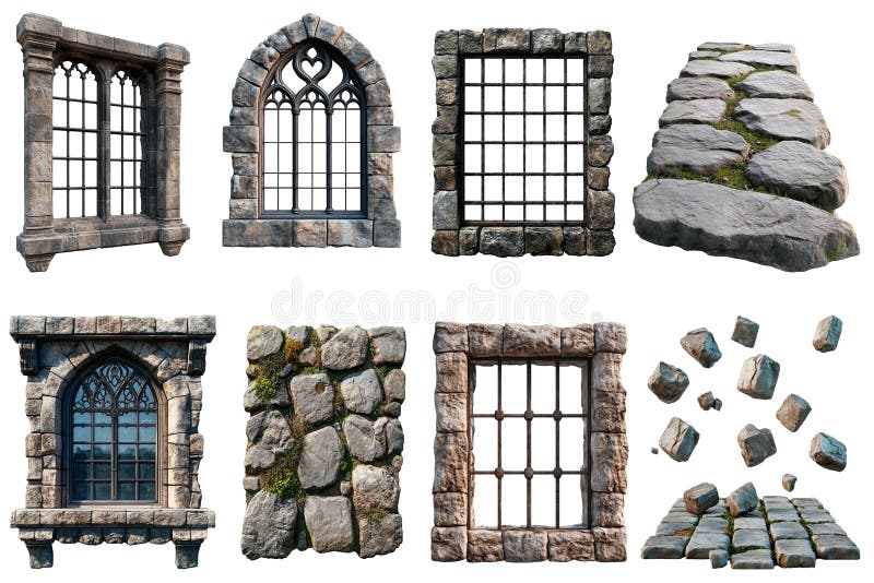 Medieval Stone Architecture Elements Including Arched and Barred ...