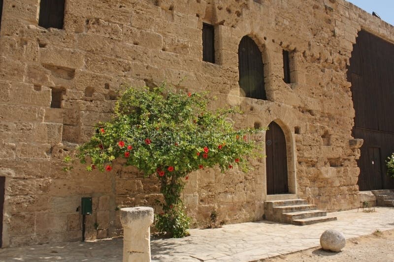 Medieval Stone Building with Arched Windows and Greenery Stock Photo ...