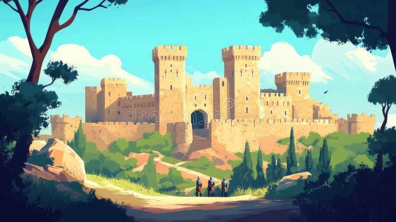 Medieval Stone Castle on Hilltop Under Sunny Sky Stock Illustration ...