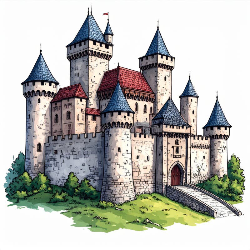 Medieval Stone Castle Illustration on Hill Stock Image - Illustration ...