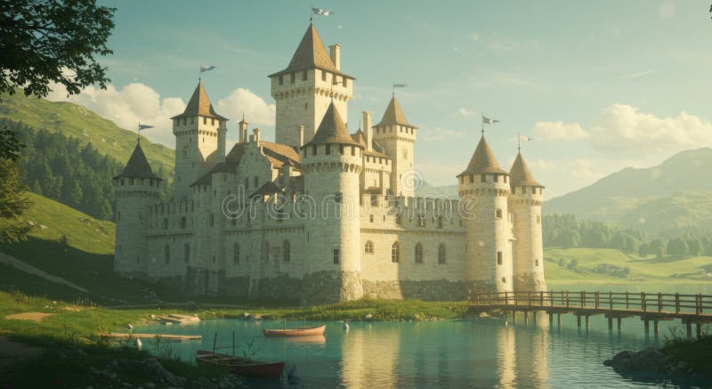 Medieval Stone Castle by a Lake Stock Illustration - Illustration of ...