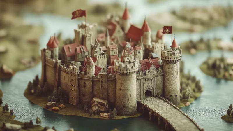 Medieval Stone Castle Miniature Model on Island Stock Illustration ...