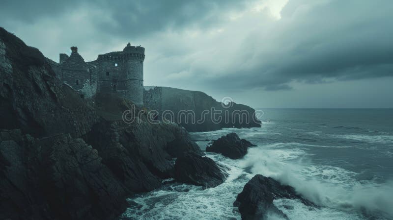 Medieval Stone Castle Perched on a Rugged Cliff Surrounded by Stormy ...