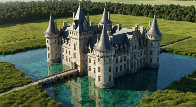 Medieval Stone Castle Surrounded by a Moat Stock Illustration ...