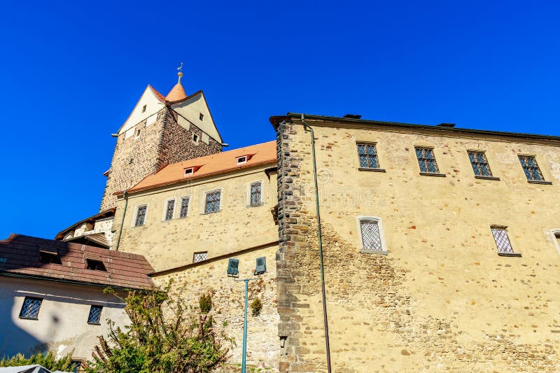 Medieval Stone Castle with Tower Under Blue Sky in Europe Stock Image ...