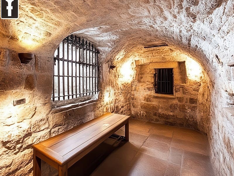 Medieval Stone Cell with Bench and Barred Windows Stock Illustration ...