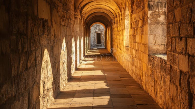Medieval Stone Corridor with Flickering Torches Casting Long Shadows ...
