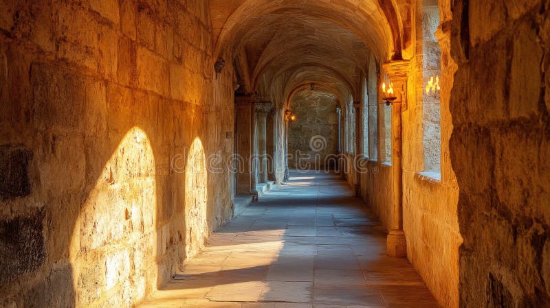 Medieval Stone Corridor with Flickering Torches Casting Long Shadows ...