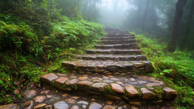 Medieval Stone Path Winding through a Dense Misty Forest Stock ...