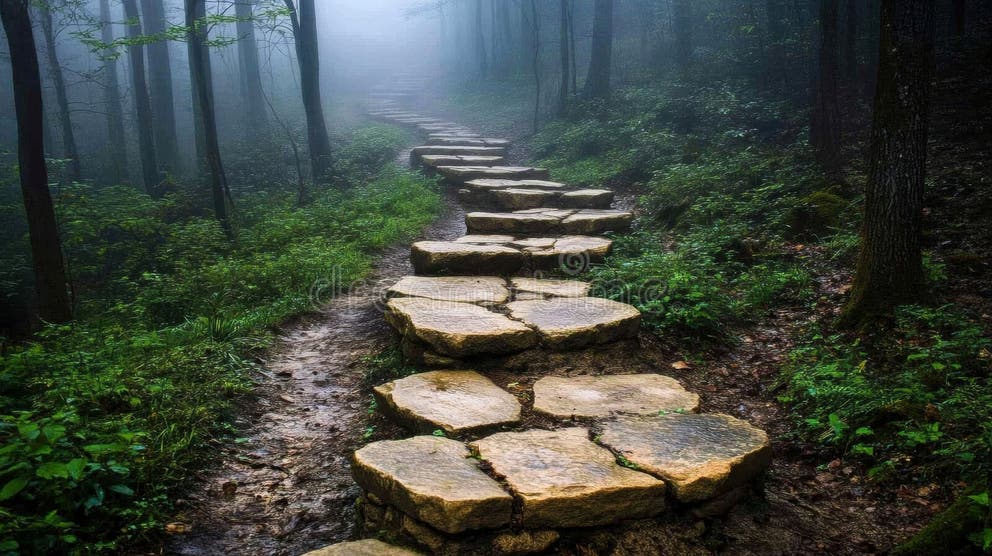 Medieval Stone Path Winding through a Dense Misty Forest Stock ...