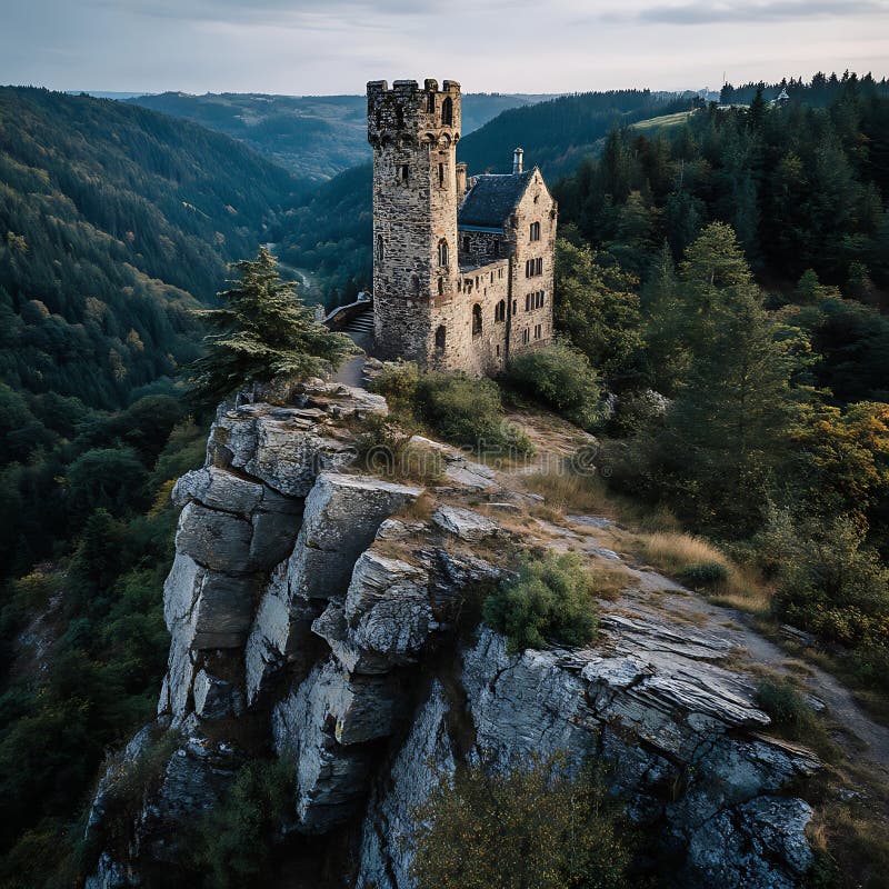 Medieval Stone Tower Perched on a Rocky Cliff Surrounded by Dense ...