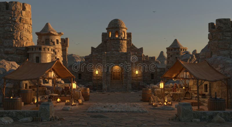 Medieval Stone Village at Sunset Stock Illustration - Illustration of ...