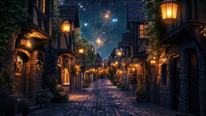 Medieval Street Lit by Lanterns Under a Starry Night Sky Stock ...