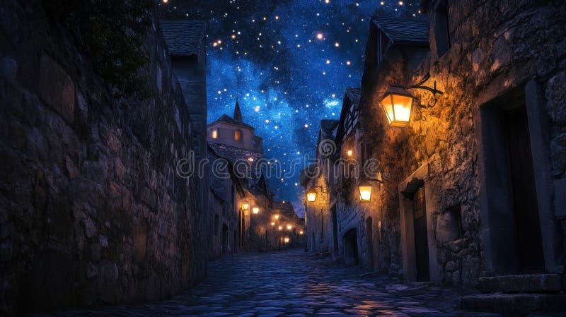 Medieval Street Lit by Lanterns Under a Starry Night Sky Stock ...