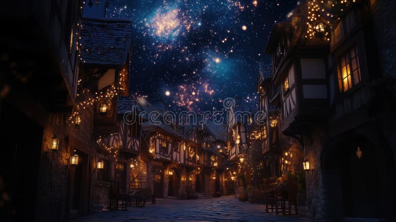 Medieval Street Lit by Lanterns Under a Starry Night Sky Stock ...